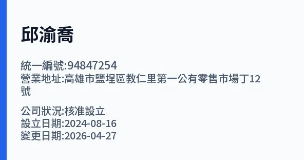 邱渝喬的照片-統編 94847254(高雄市) 公司登記資料與營業項目詳細圖表