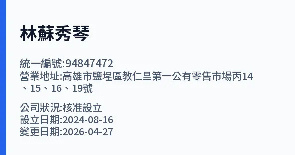 林蘇秀琴的照片-統編 94847472(高雄市) 公司登記資料與營業項目詳細圖表