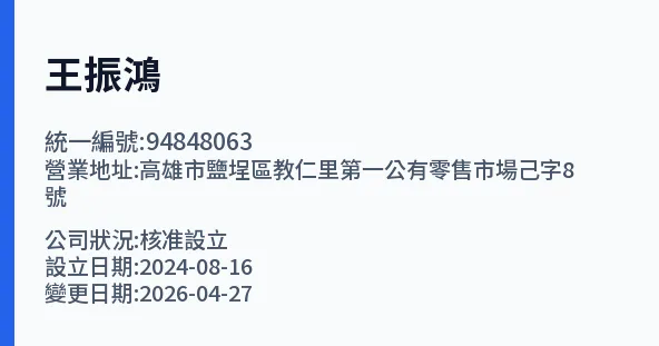 王振鴻的照片-統編 94848063(高雄市) 公司登記資料與營業項目詳細圖表