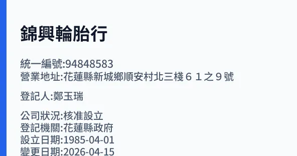 錦興輪胎行的照片-統編 94848583(花蓮縣) 公司登記資料與營業項目詳細圖表