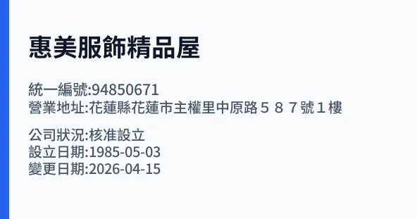 惠美服飾精品屋的照片-統編 94850671(花蓮縣) 公司登記資料與營業項目詳細圖表