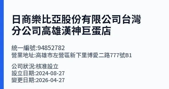 日商樂比亞股份有限公司台灣分公司高雄漢神巨蛋店的照片-統編 94852782(高雄市) 公司登記資料與營業項目詳細圖表