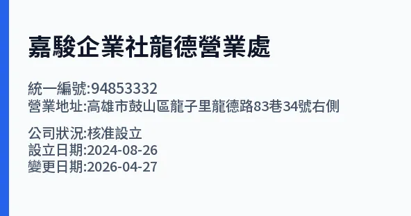 嘉駿企業社龍德營業處的照片-統編 94853332(高雄市) 公司登記資料與營業項目詳細圖表