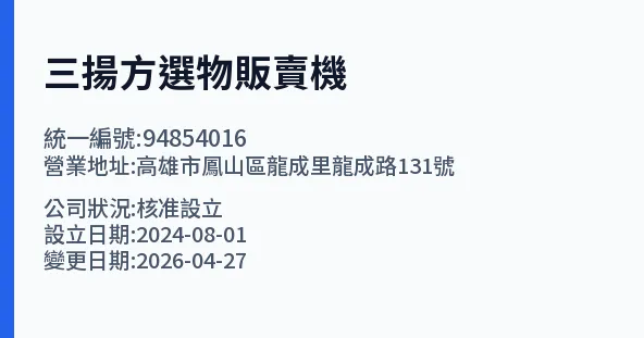三揚方選物販賣機的照片-統編 94854016(高雄市) 公司登記資料與營業項目詳細圖表