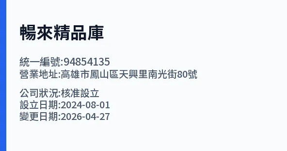 暢來精品庫的照片-統編 94854135(高雄市) 公司登記資料與營業項目詳細圖表