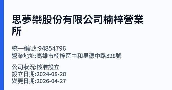 思夢樂股份有限公司楠梓營業所的照片-統編 94854796(高雄市) 公司登記資料與營業項目詳細圖表