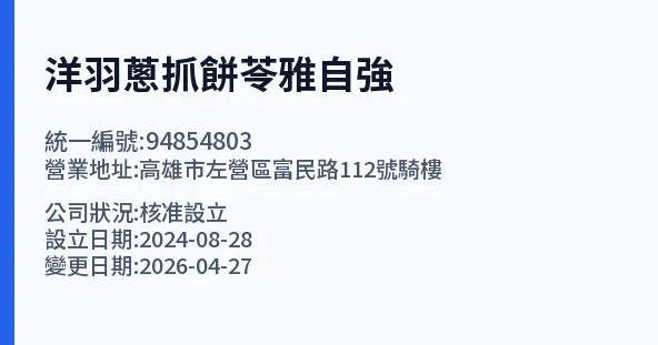 洋羽蔥抓餅苓雅自強的照片-統編 94854803(高雄市) 公司登記資料與營業項目詳細圖表