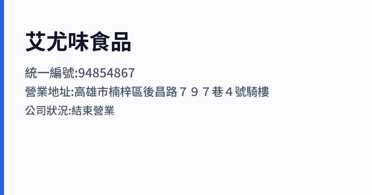 艾尤味食品 - 統編 94854867(高雄市) 公司登記資料與營業項目詳細圖表