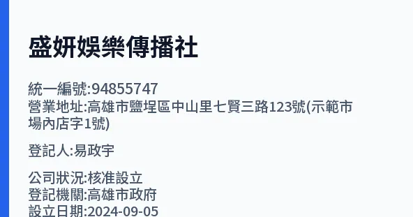 盛妍娛樂傳播社的照片-統編 94855747(高雄市) 公司登記資料與營業項目詳細圖表