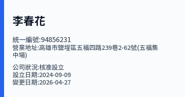 李春花的照片-統編 94856231(高雄市) 公司登記資料與營業項目詳細圖表