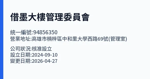 借墨大樓管理委員會的照片-統編 94856350(高雄市) 公司登記資料與營業項目詳細圖表