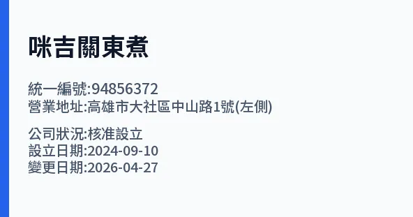 咪吉關東煮的照片-統編 94856372(高雄市) 公司登記資料與營業項目詳細圖表