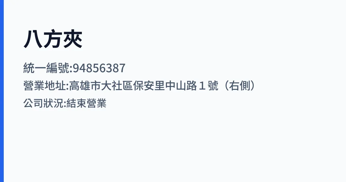 八方夾 - 統編 94856387(高雄市) 公司登記資料與營業項目詳細圖表