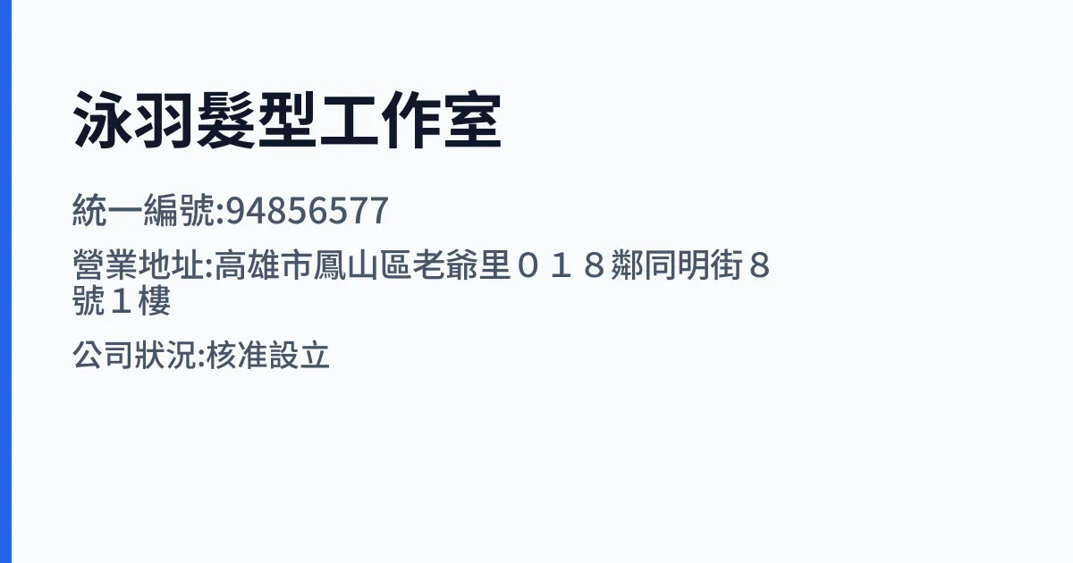 泳羽髮型工作室 - 統編 94856577(高雄市) 公司登記資料與營業項目詳細圖表