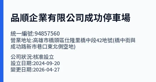 品順企業有限公司成功停車場的照片-統編 94857560(高雄市) 公司登記資料與營業項目詳細圖表