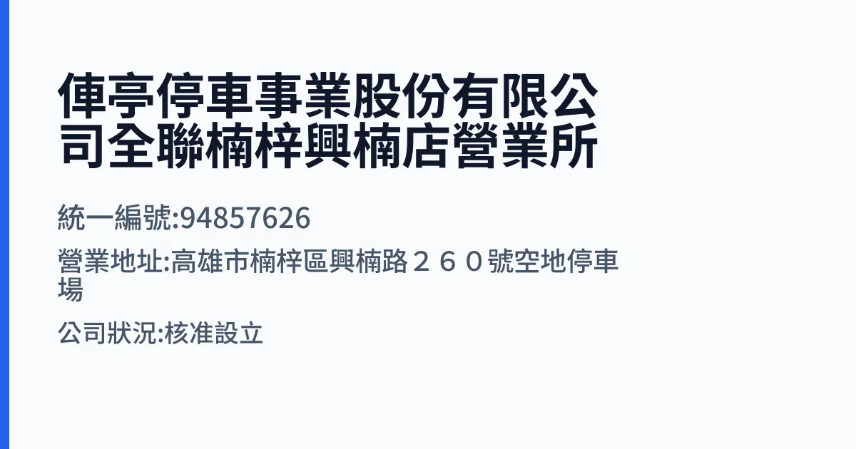 俥亭停車事業股份有限公司全聯楠梓興楠店營業所 - 統編 94857626(高雄市) 公司登記資料與營業項目詳細圖表