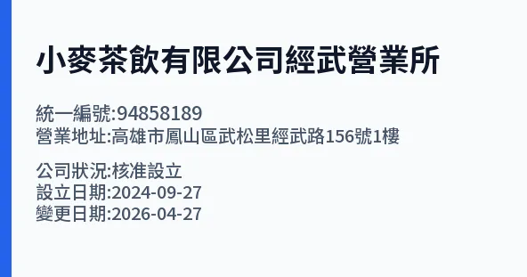 小麥茶飲有限公司經武營業所的照片-統編 94858189(高雄市) 公司登記資料與營業項目詳細圖表