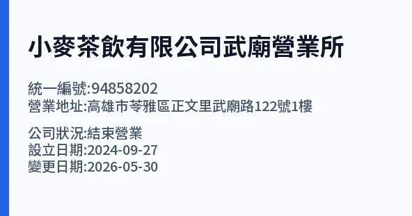 小麥茶飲有限公司武廟營業所的照片-統編 94858202(高雄市) 公司登記資料與營業項目詳細圖表