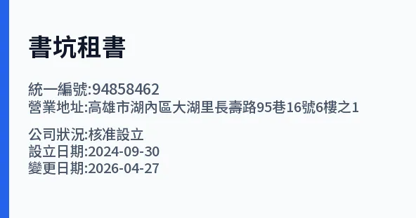 書坑租書的照片-統編 94858462(高雄市) 公司登記資料與營業項目詳細圖表