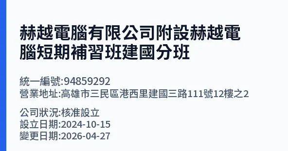赫越電腦有限公司附設赫越電腦短期補習班建國分班的照片-統編 94859292(高雄市) 公司登記資料與營業項目詳細圖表