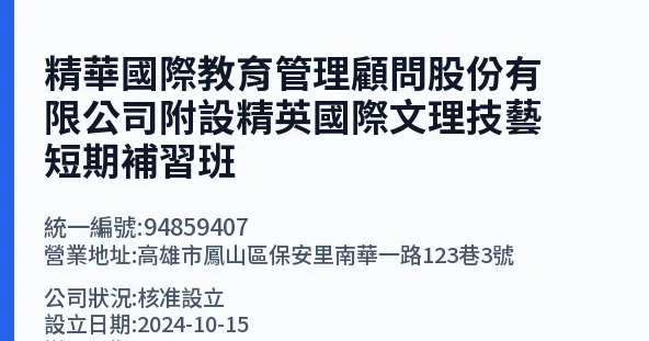 精華國際教育管理顧問股份有限公司附設精英國際文理技藝短期補習班的照片-統編 94859407(高雄市) 公司登記資料與營業項目詳細圖表