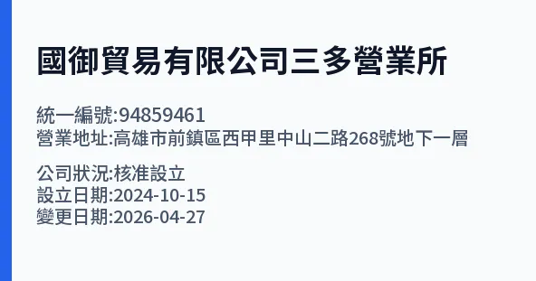 國御貿易有限公司三多營業所的照片-統編 94859461(高雄市) 公司登記資料與營業項目詳細圖表