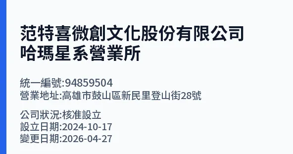 范特喜微創文化股份有限公司哈瑪星系營業所的照片-統編 94859504(高雄市) 公司登記資料與營業項目詳細圖表