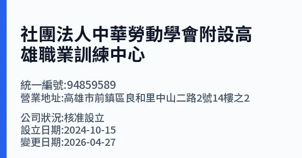 社團法人中華勞動學會附設高雄職業訓練中心的照片-統編 94859589(高雄市) 公司登記資料與營業項目詳細圖表