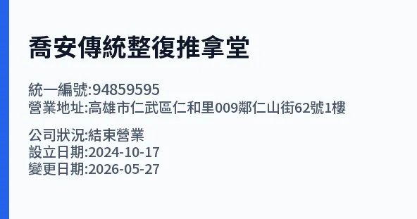 喬安傳統整復推拿堂的照片-統編 94859595(高雄市) 公司登記資料與營業項目詳細圖表