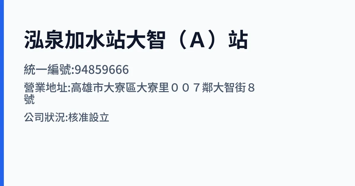 泓泉加水站大智(A)站 - 統編 94859666(高雄市) 公司登記資料與營業項目詳細圖表