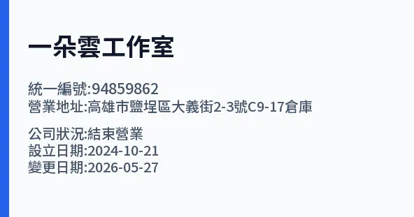 一朵雲工作室的照片-統編 94859862(高雄市) 公司登記資料與營業項目詳細圖表