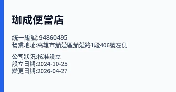 珈成便當店的照片-統編 94860495(高雄市) 公司登記資料與營業項目詳細圖表
