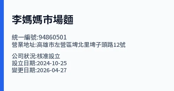 李媽媽市場麵的照片-統編 94860501(高雄市) 公司登記資料與營業項目詳細圖表