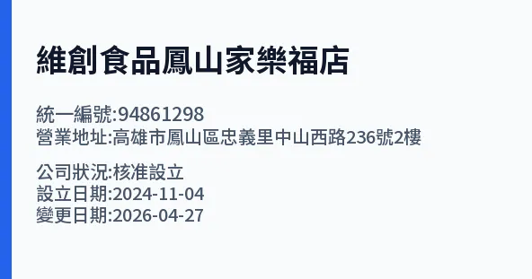 維創食品鳳山家樂福店的照片-統編 94861298(高雄市) 公司登記資料與營業項目詳細圖表