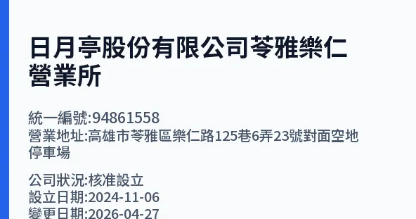 日月亭股份有限公司苓雅樂仁營業所的照片-統編 94861558(高雄市) 公司登記資料與營業項目詳細圖表