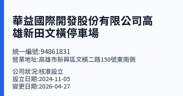 華益國際開發股份有限公司高雄新田文橫停車場的照片-統編 94861831(高雄市) 公司登記資料與營業項目詳細圖表
