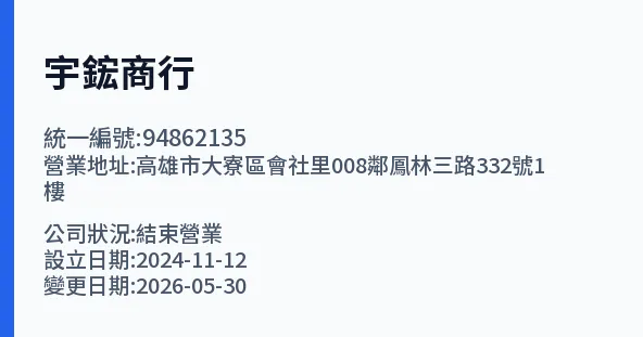 宇鋐商行的照片-統編 94862135(高雄市) 公司登記資料與營業項目詳細圖表