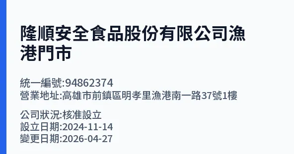 隆順安全食品股份有限公司漁港門市的照片-統編 94862374(高雄市) 公司登記資料與營業項目詳細圖表