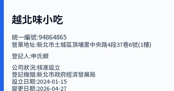 越北味小吃的照片-統編 94864865(新北市) 公司登記資料與營業項目詳細圖表