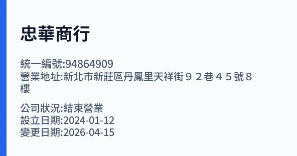 忠華商行的照片-統編 94864909(新北市) 公司登記資料與營業項目詳細圖表