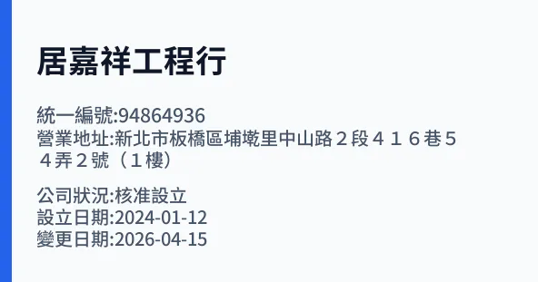 居嘉祥工程行的照片-統編 94864936(新北市) 公司登記資料與營業項目詳細圖表