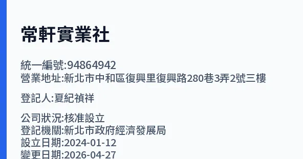 常軒實業社的照片-統編 94864942(新北市) 公司登記資料與營業項目詳細圖表