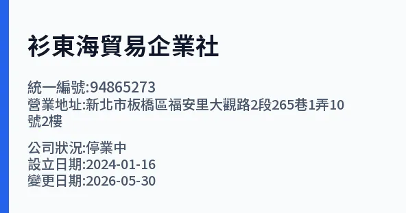 衫東海貿易企業社的照片-統編 94865273(新北市) 公司登記資料與營業項目詳細圖表