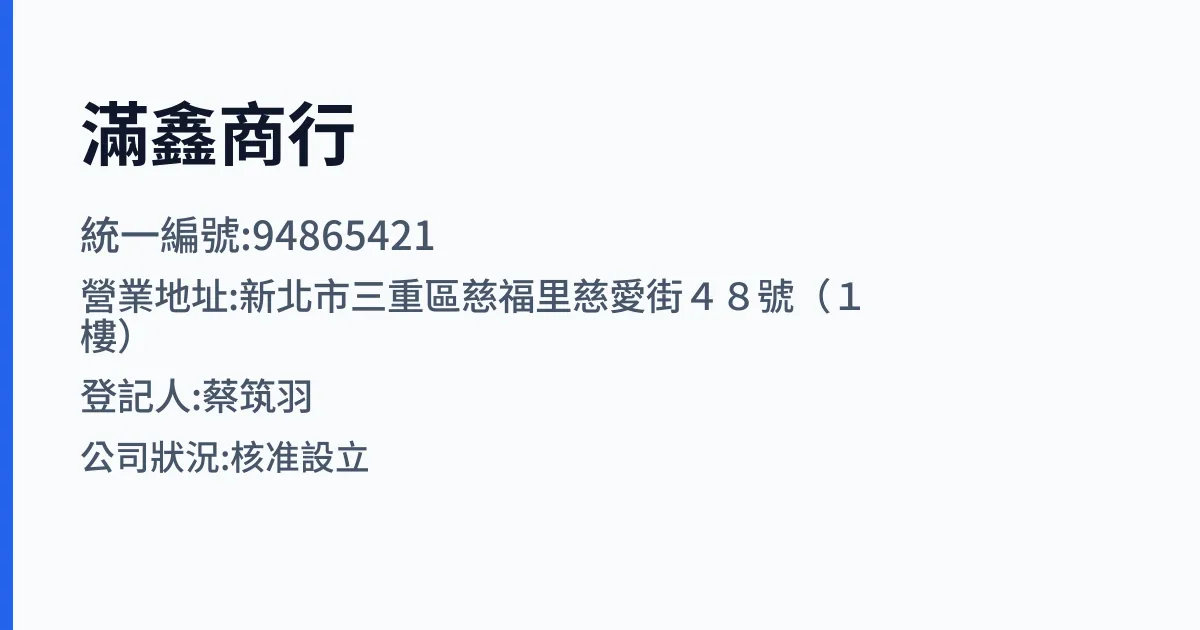 滿鑫商行 - 統編 94865421(新北市) 公司登記資料與營業項目詳細圖表