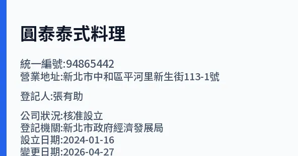 圓泰泰式料理的照片-統編 94865442(新北市) 公司登記資料與營業項目詳細圖表