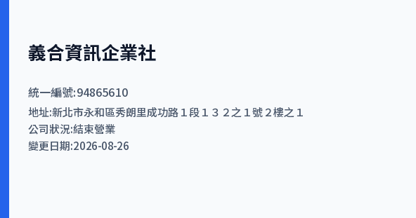 義合資訊企業社的照片-統編 94865610(新北市) 公司登記資料與營業項目詳細圖表