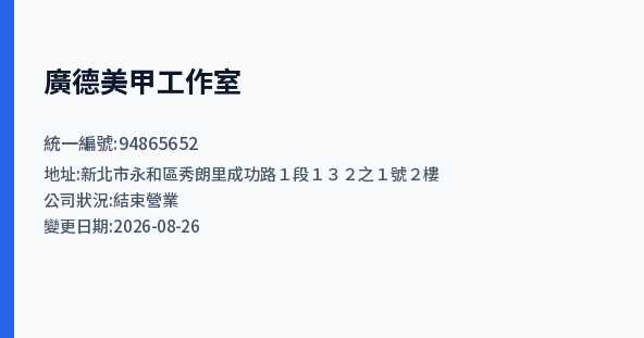 廣德美甲工作室的照片-統編 94865652(新北市) 公司登記資料與營業項目詳細圖表