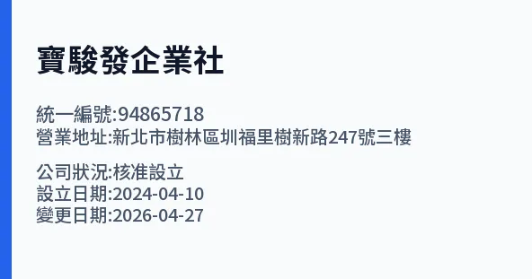寶駿發企業社的照片-統編 94865718(新北市) 公司登記資料與營業項目詳細圖表