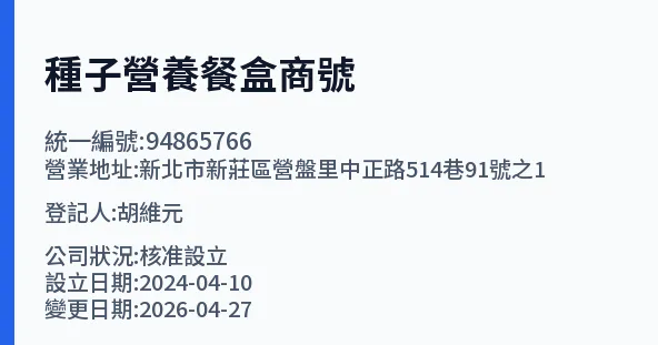 種子營養餐盒商號的照片-統編 94865766(新北市) 公司登記資料與營業項目詳細圖表