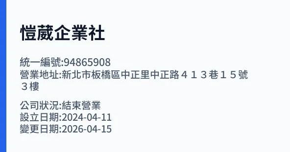 愷葳企業社的照片-統編 94865908(新北市) 公司登記資料與營業項目詳細圖表